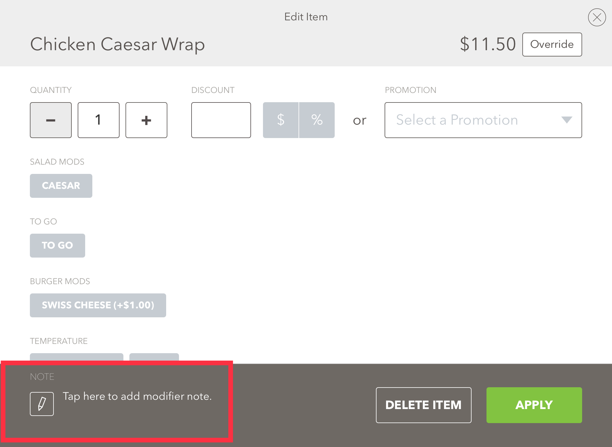 How to add a Custom Modifier Note